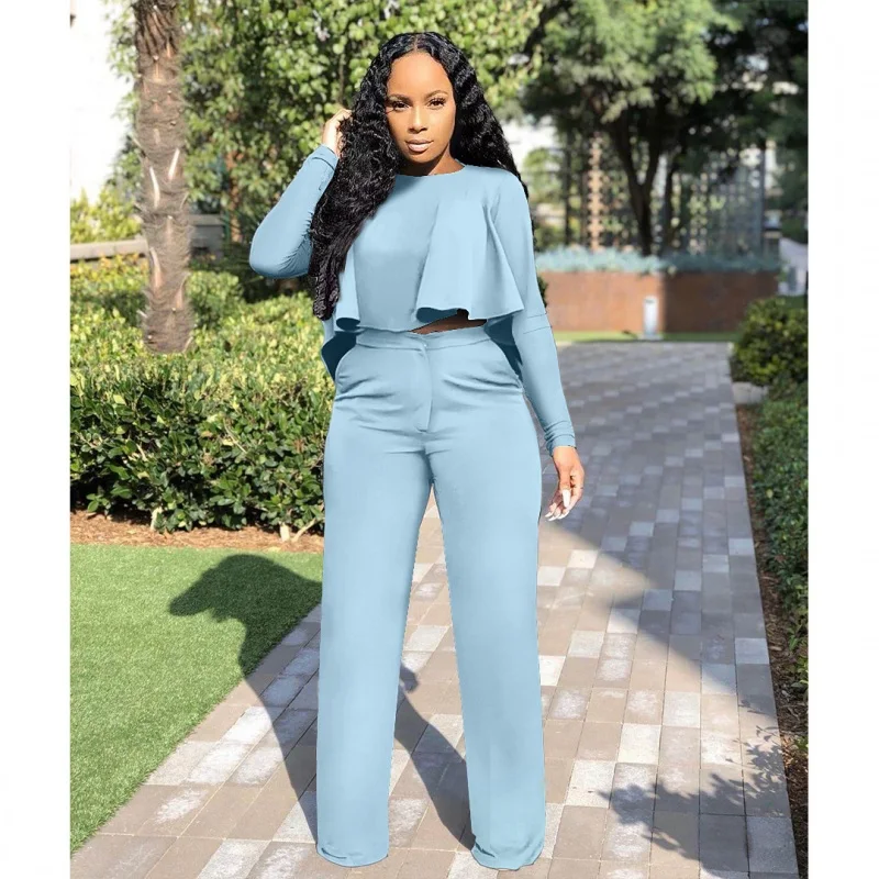 Two Piece Set Women Top And Pants Solid Color Plus Size Elegant 2022 ...
