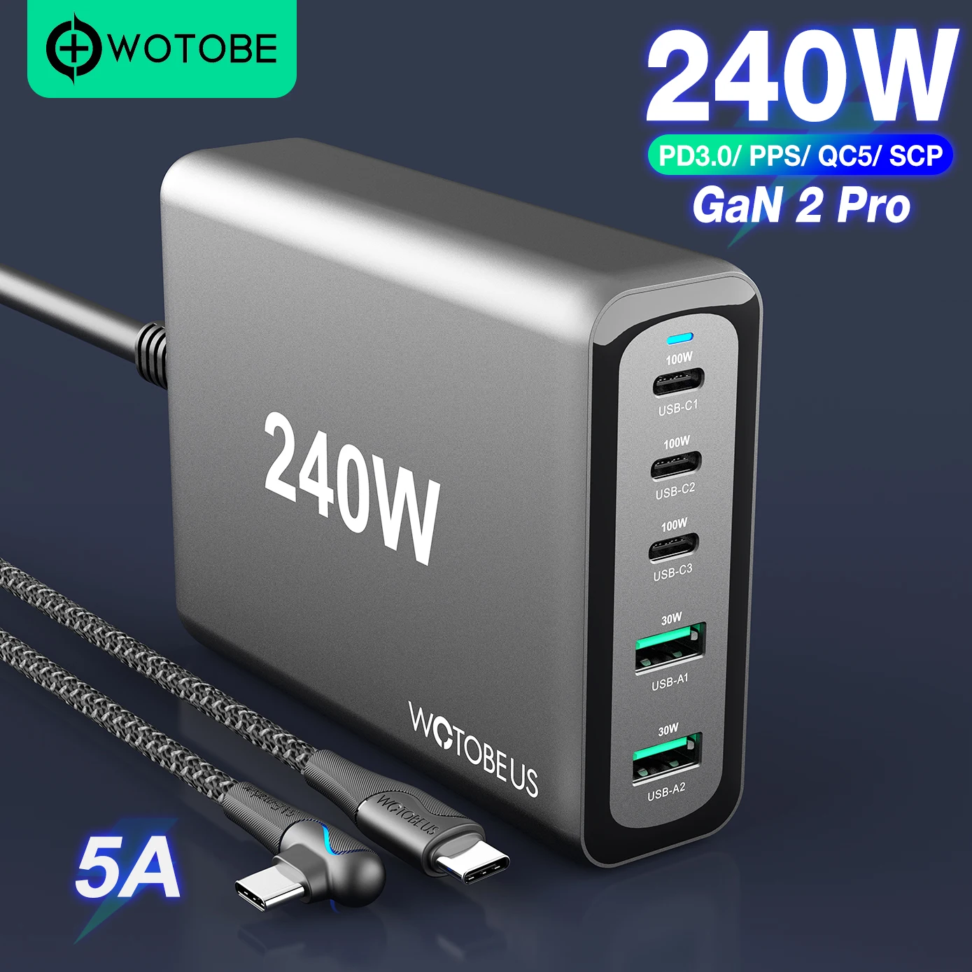 WOTOBE 240W GaN 2 Pro USB-C Power Adapter,5-port PD100W PPS 65W 45W QC4 ...