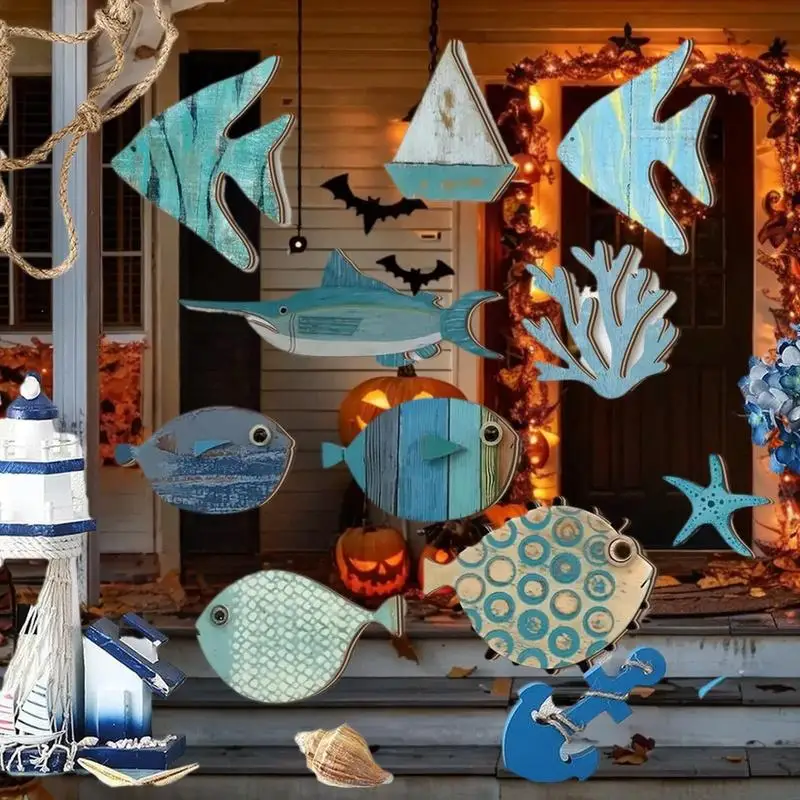 10pcs/set Fish Wall Decor Wooden Fish Hanging Beach Theme Bathroom Art ...