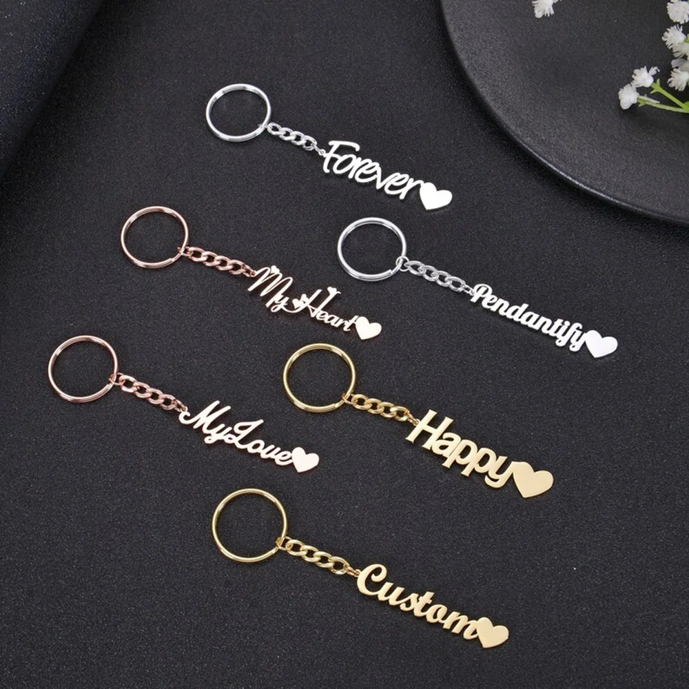 Custom Name Heart Keychain Minimalist Personalized Stainless Steel ...