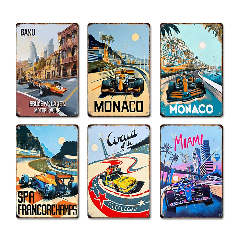 Vintage-F1-Neon-City-Comic-Watercolor-Racing-Car-Metal-Poster-Tin-Sign ...