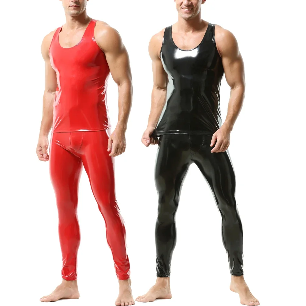 Shiny Wet Look PVC Leather Mens Clothes Set Glossy Tank Tops ...