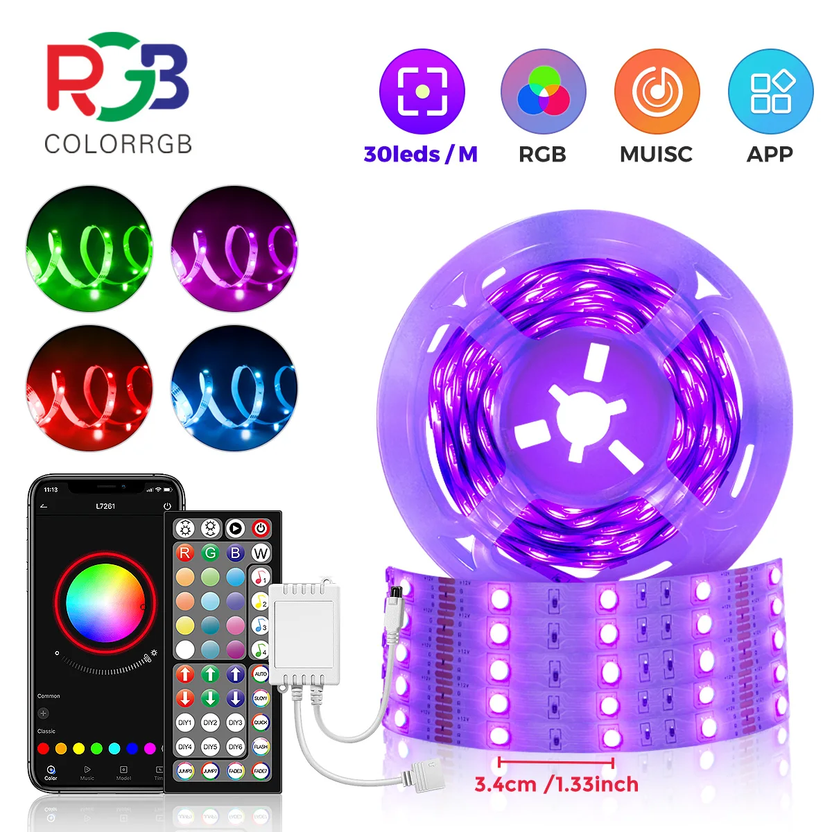 LED-Strip-Light-RGB-5050-Music-Sync-Color-Changing-30LEDS-PER-M-App ...