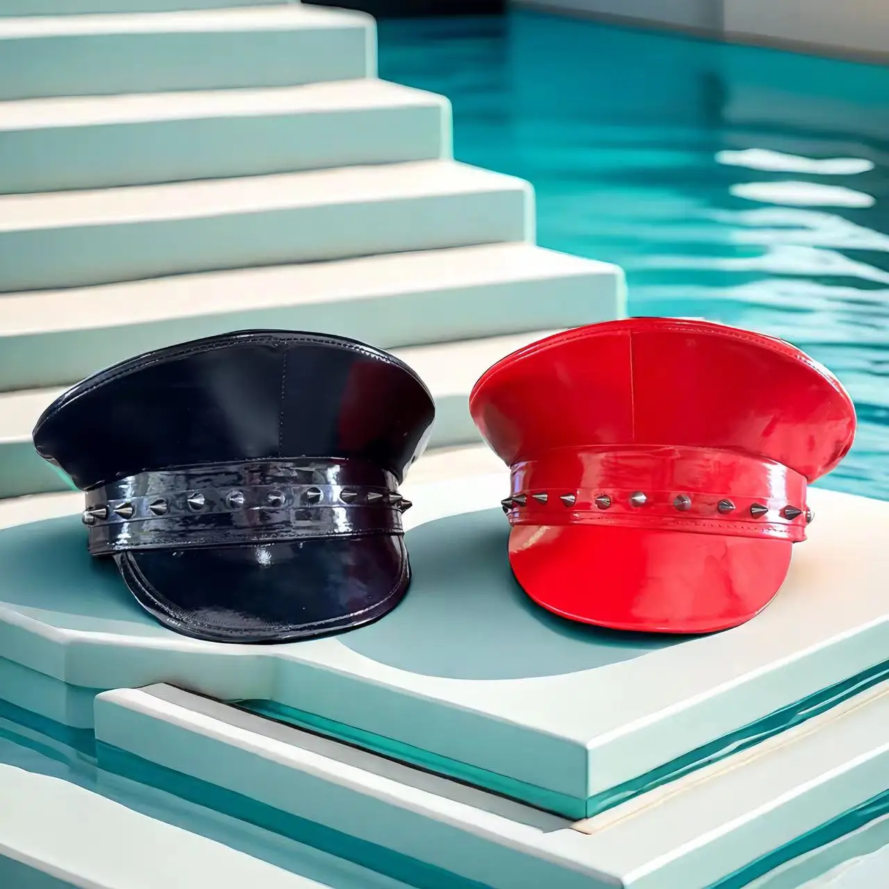 Burning-Man-Red-and-black-hip-hop-rock-cap-military-cap-leather-nails ...