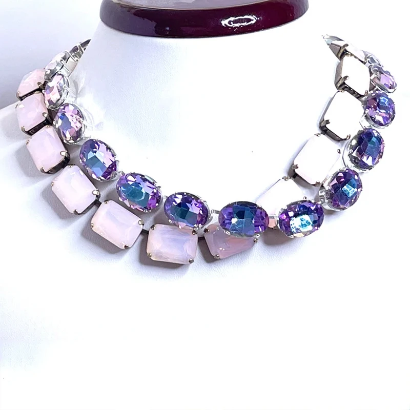 Handmade Pink Purple Crystal Inlaid Necklace Women Girls Simple ...