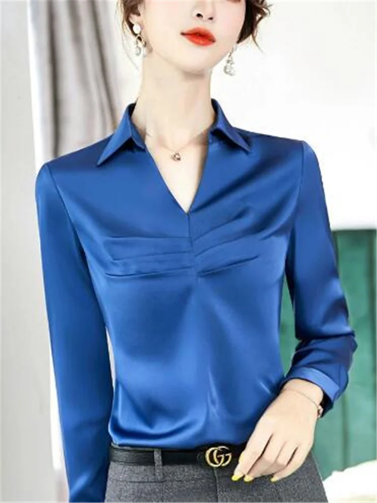 V-neck-Satin-Shirt-Ladies-Pleat-Blouses-Pullover-Chiffon-Shirt-For ...