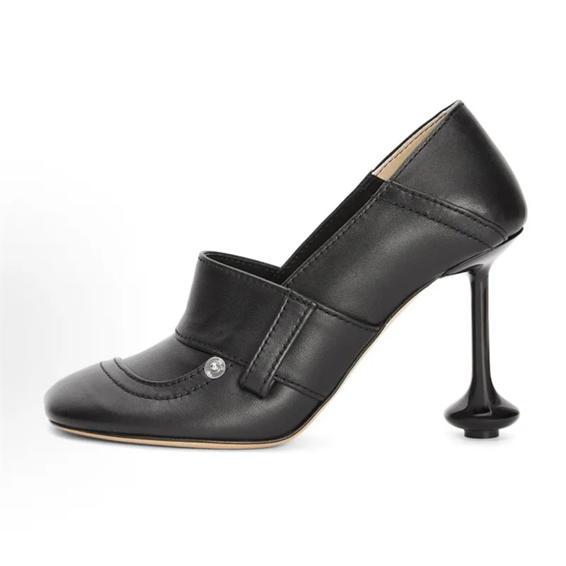 Women's Genuine Leather Pumps Unique Sculpted Heel Decorative Metal ...
