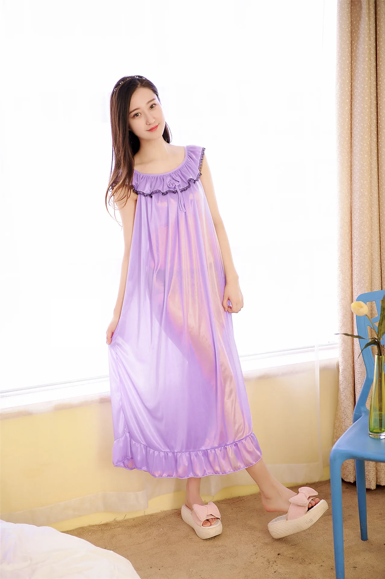 Женская атласная ночная рубашка большие размеры | AliExpress