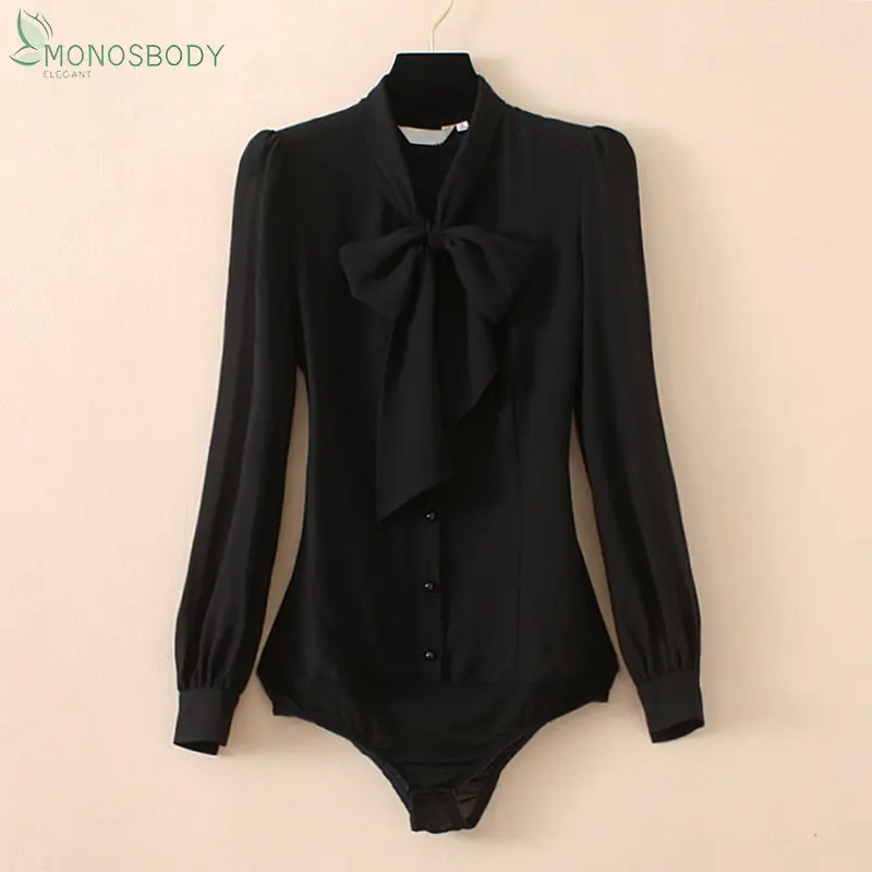 Black-Chiffon-Bodysuits-Women-Business-Work-Wear-Rompers-Office-Lady ...
