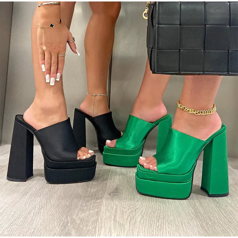 Women's Slippers Summer Square Toe High Heels Platform Ladies Shoes ...