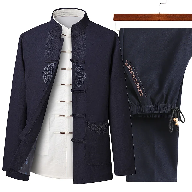 Chinese Traditional Men Cotton Linen Tang Suit Tops Pants Hanfu ...