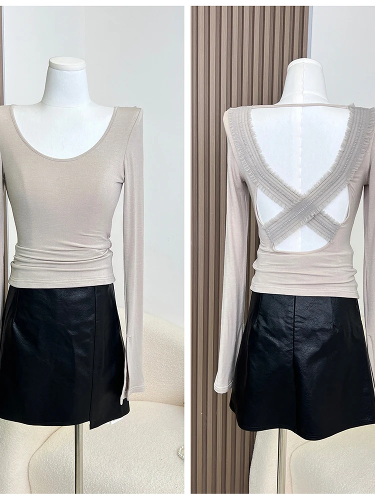 Women Solid Color Sexy Tight Fitting Design Slim Tee Crew neck Long ...