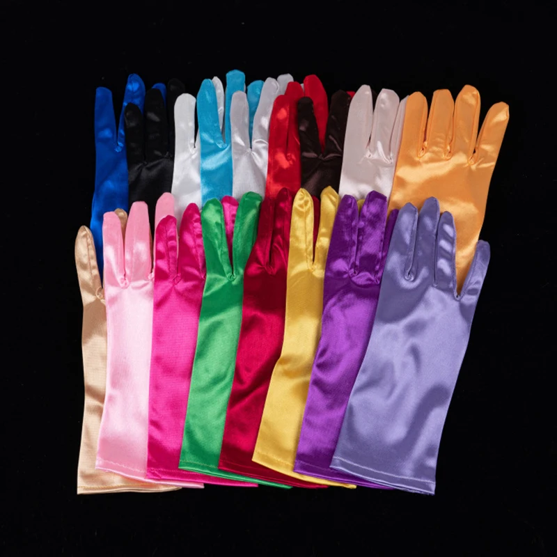 Halloween Black Short Stretch Full Finger Silk Satin Gloves Wedding ...