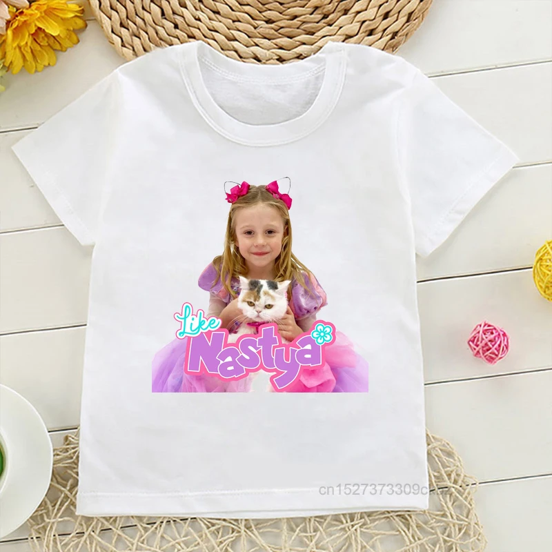 Like Nastya Cute Cat Graphic Print Tshirt Girls Kawaii Kids Clothes ...