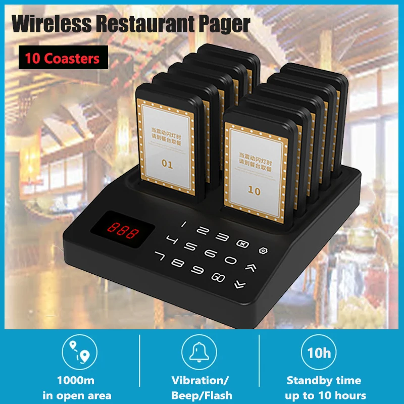 Restaurant-Pager-Wireless-Calling-System-Coasters-Buzzer-Vibrator-Bell ...