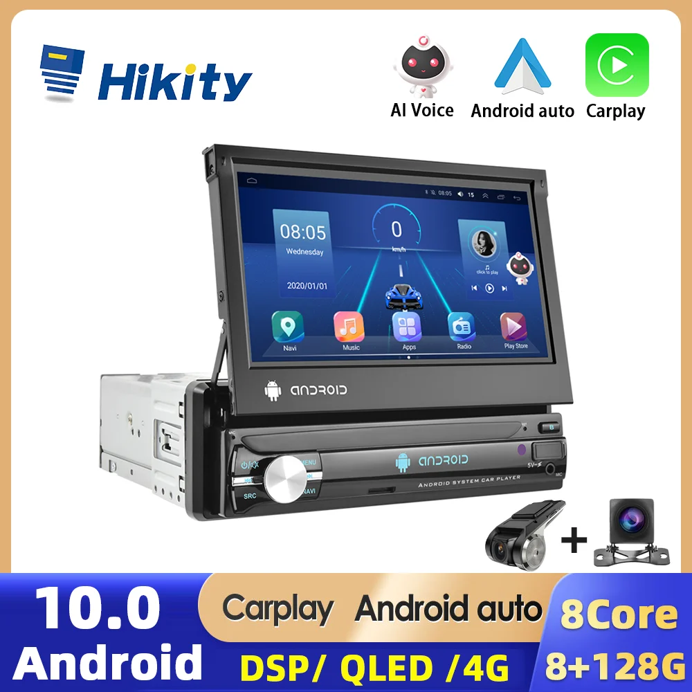 Hikity 1din Car Radio Gps Navigation 7" Hd Retractable Screen Android 9.0 Multimedia Player ...