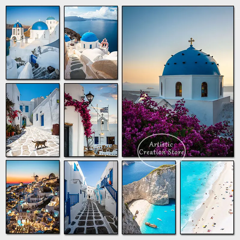 Santorini-Blue-Roof-Greece-Poster-Aegean-Sea-Sunset-Art-Church ...