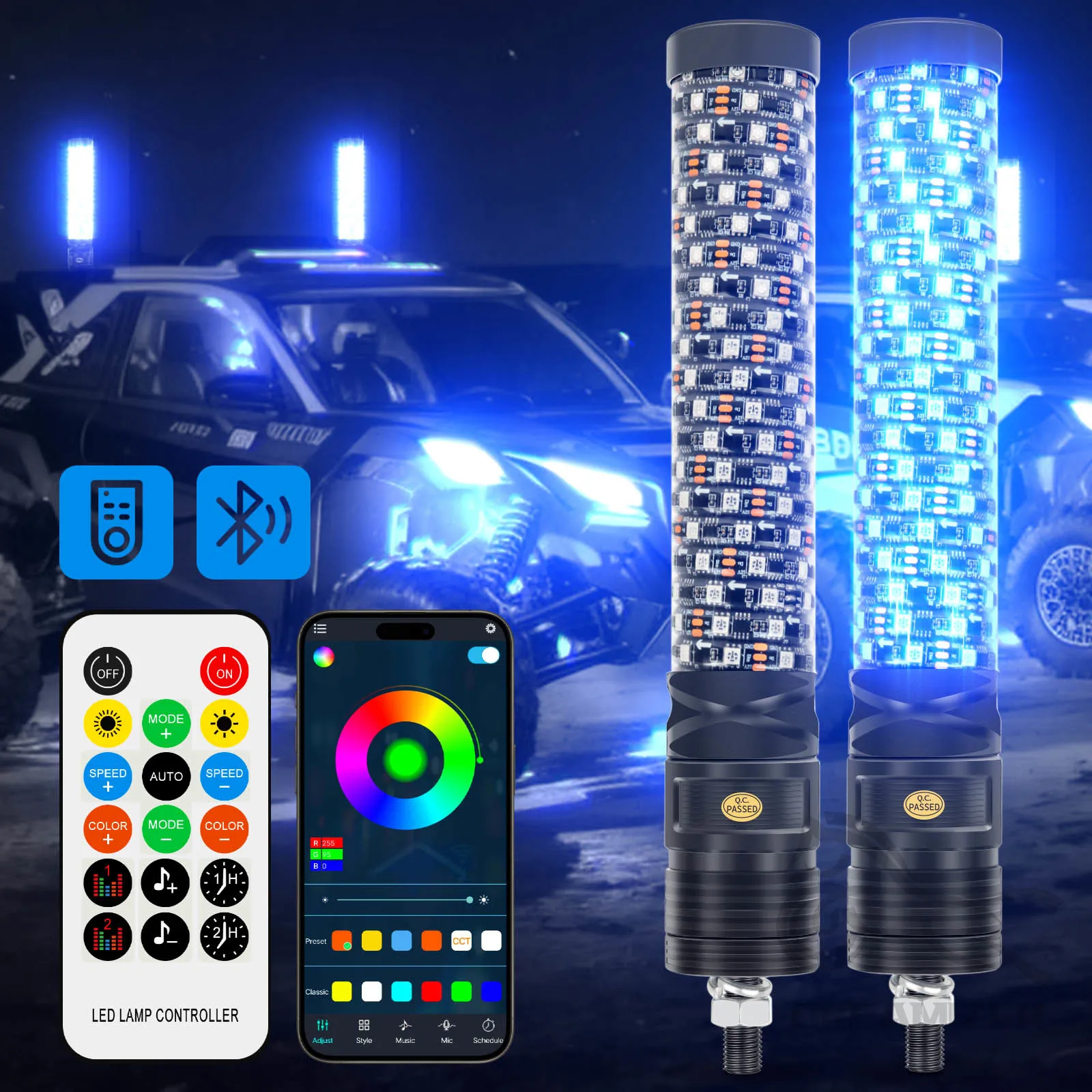 2PCS-1FT-Fat-Bluetooth-Remote-Control-Colorful-Spiral-LED-Whip-Lights ...