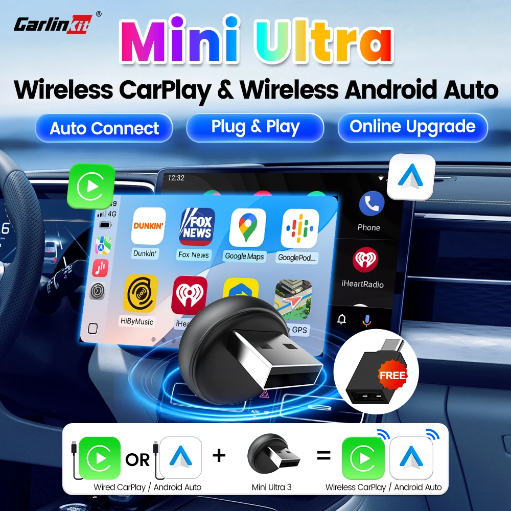 새로운 CarlinKit 5.0 Mini Ultra3 무선 Android Auto & CarPlay 2-in-1 무선 어댑터 ...