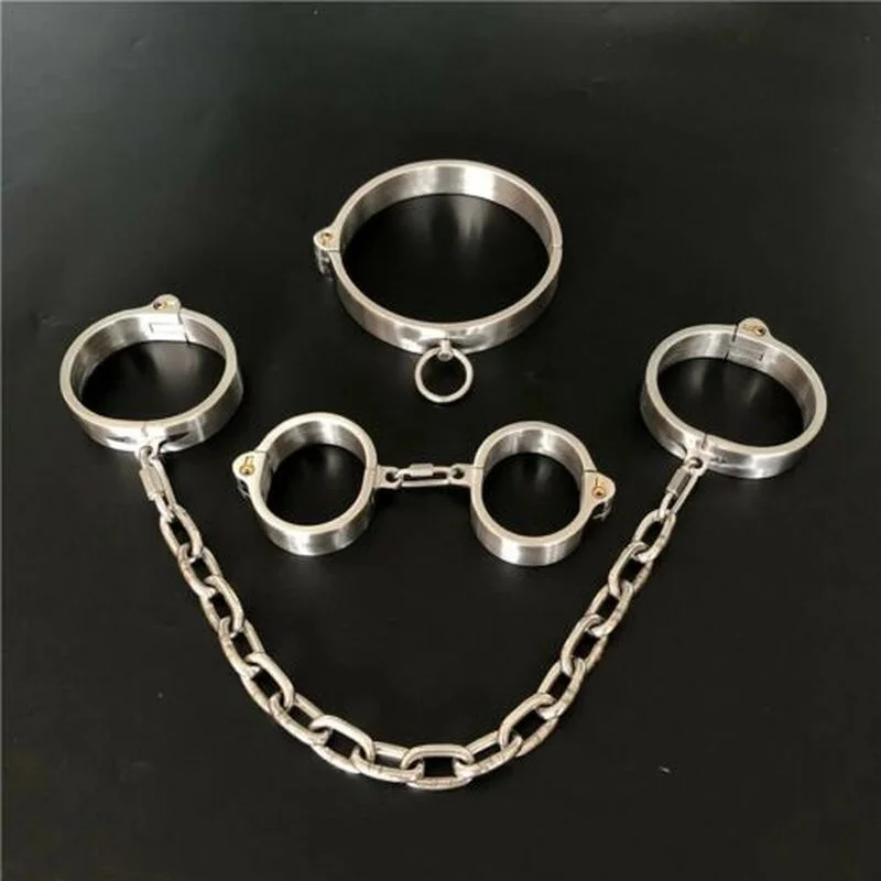 Stainless-Steel-Lockable-Neck-Collar-Hand-Ankle-Cuffs-Slave-BDSM-Tool ...