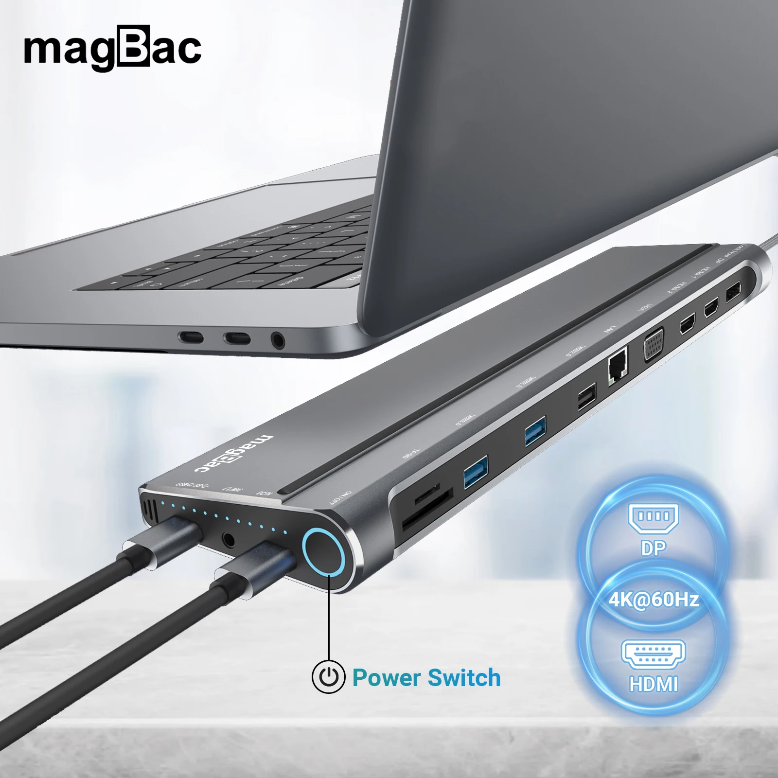 MagBac USB C 14 포트 허브 4K 60Hz 디스플레이포트 듀얼 HDMI 전원 버튼, 잠금 구멍 노트북 스탠드 디자인 ...