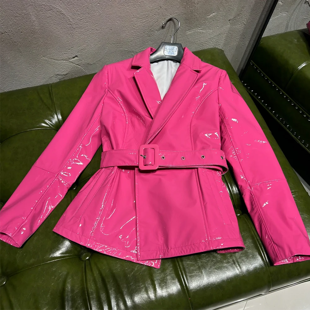 Woman Pink Patent Leather Jacket Slim Women Jacket Leather Luxury ...