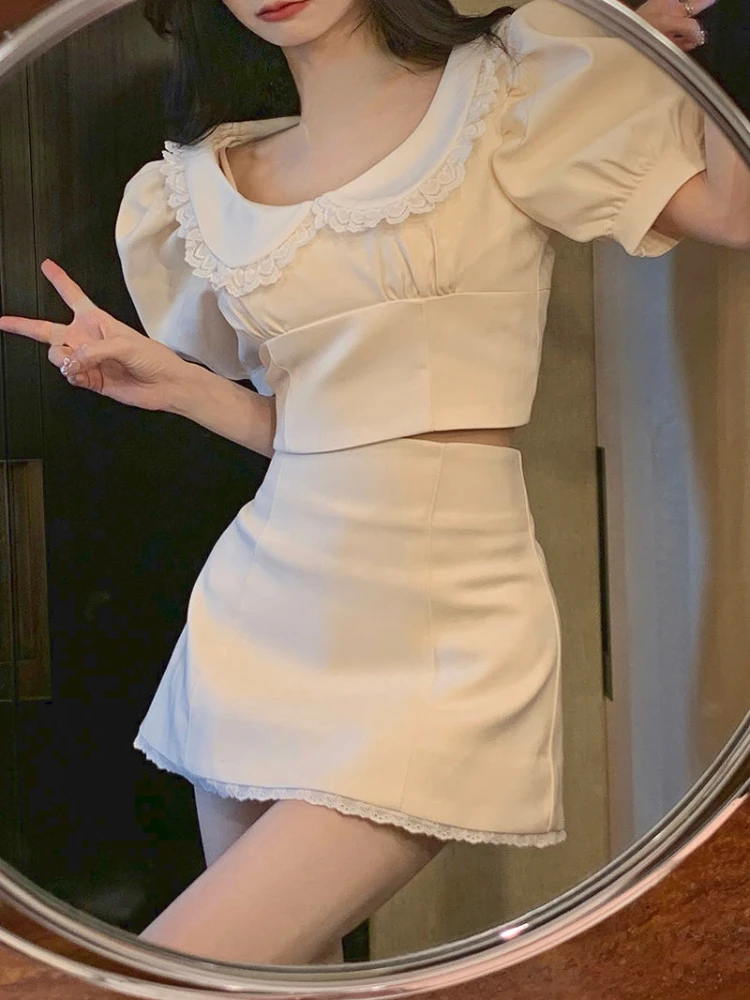 White Sweet Kawaii Two Piece Set Women Korean Fashion Party Mini Skirt Set Female Puff Sleeve ...