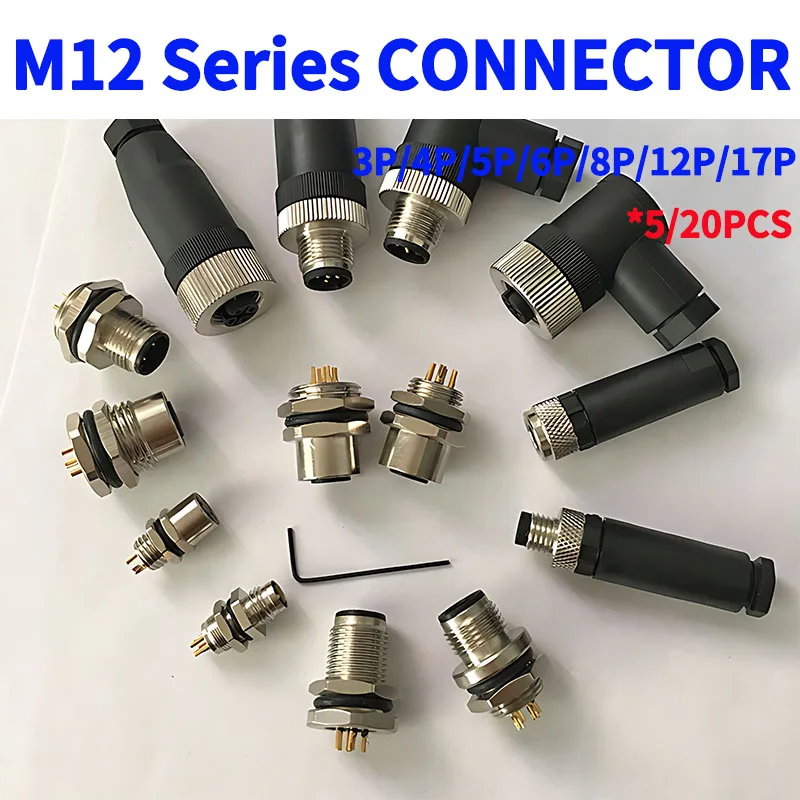5/20 PCS M12 12MM Connector 4P 5P 6P 8P 12P Male Female Solderless Plug ...