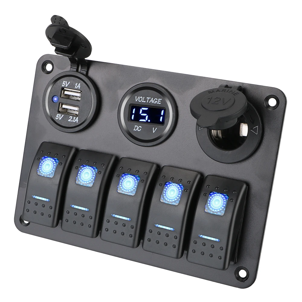 5-Gang-LED-Rocker-Switch-Panel-Dual-USB-Slot-Socket-12-24V-Outlet ...