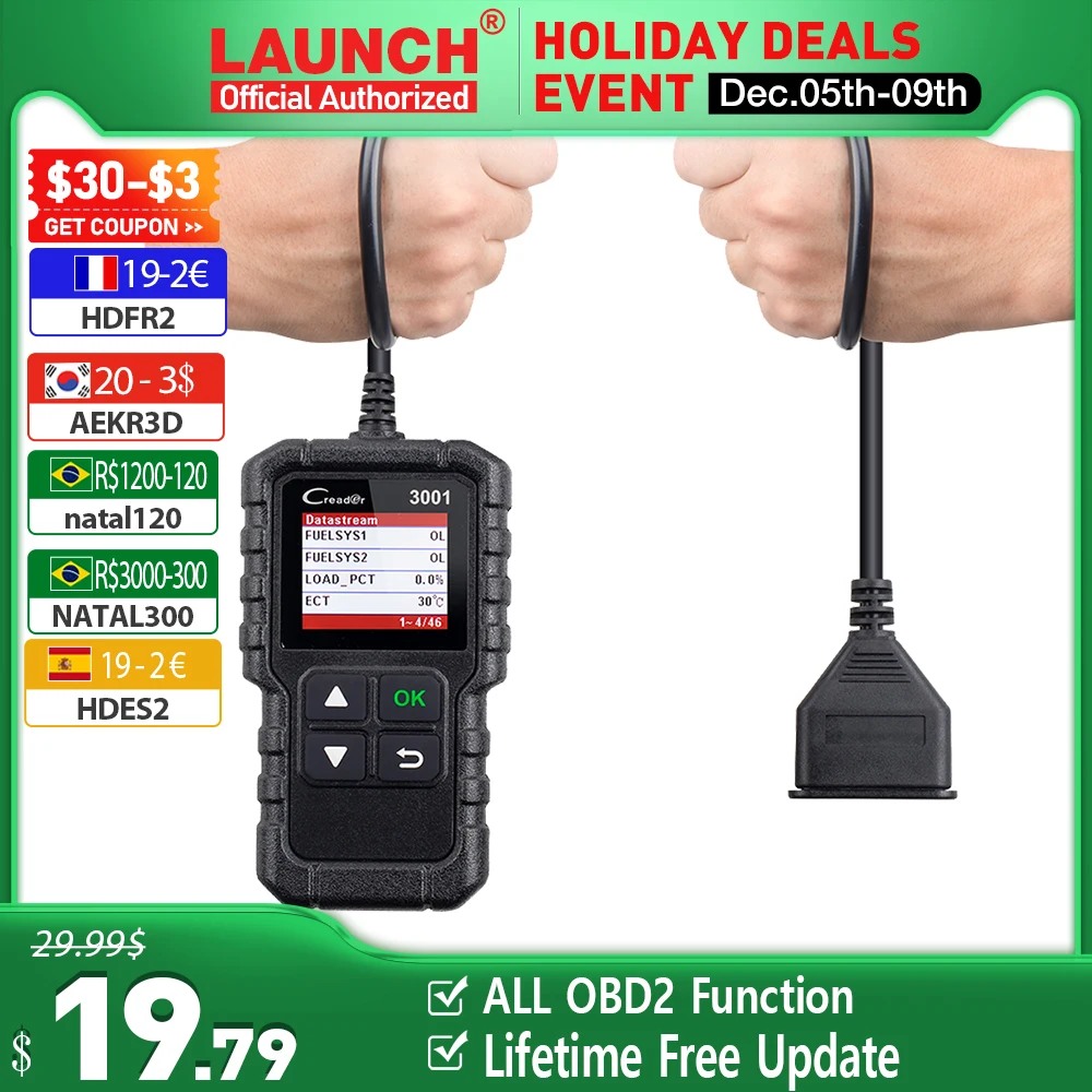 Launch Cr3001 Creader 3001 Code Reader V2.0 Lifetime Free Update Obdii ...