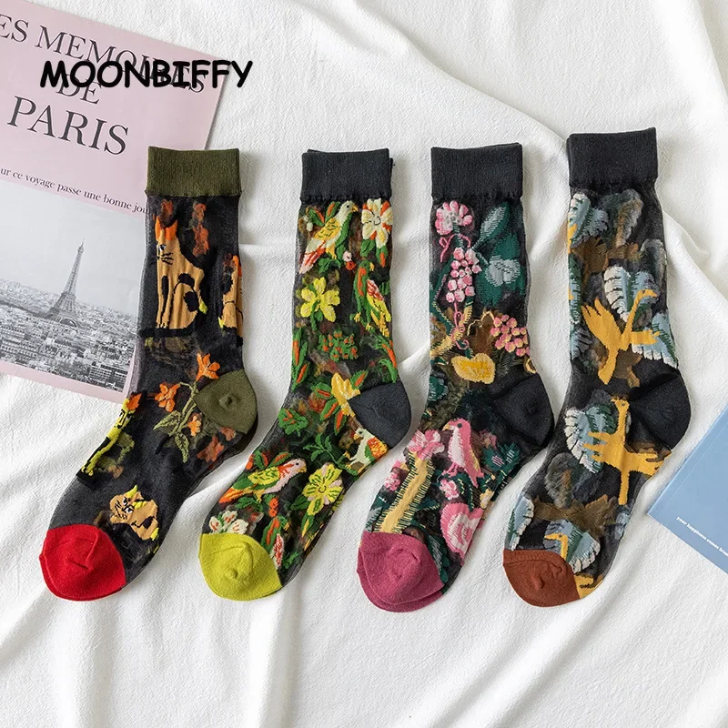 Summer New Socks Women Japanese Thin Cartoon Flower Glass Silk Tube ...