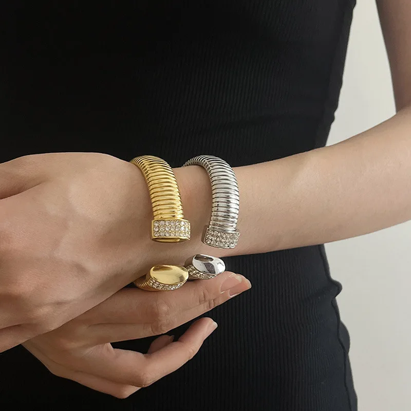 Double-Rhinestone-head-open-cuff-bangles-for-stainless-steel-women ...