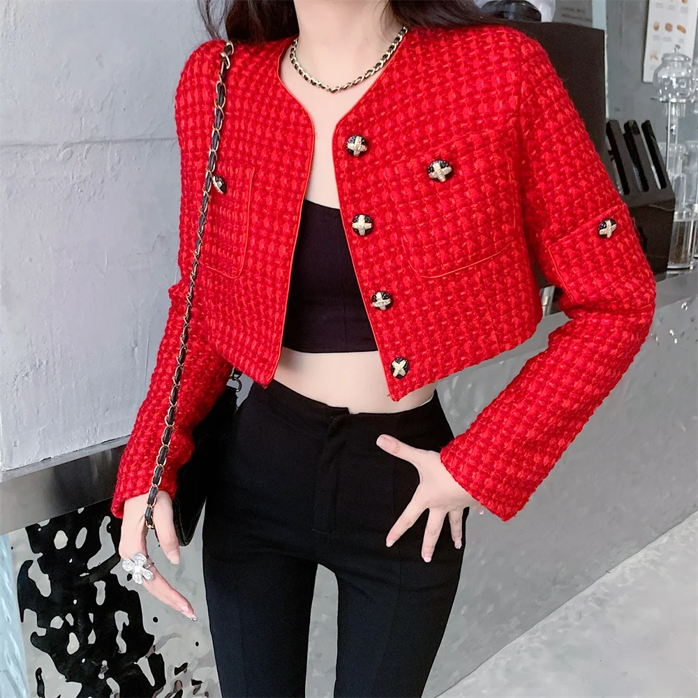 Vintage-Red-Tweed-Jackets-Women-Cropped-Tops-2023-Autumn-Small-Fragrant ...