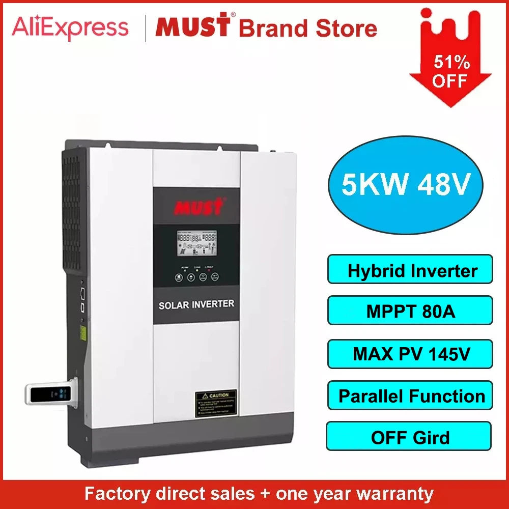 MUST PV1800 VHM 5KW 5.5KW 48V Pure Sine Wave Hybrid Solar Inverter MPPT ...