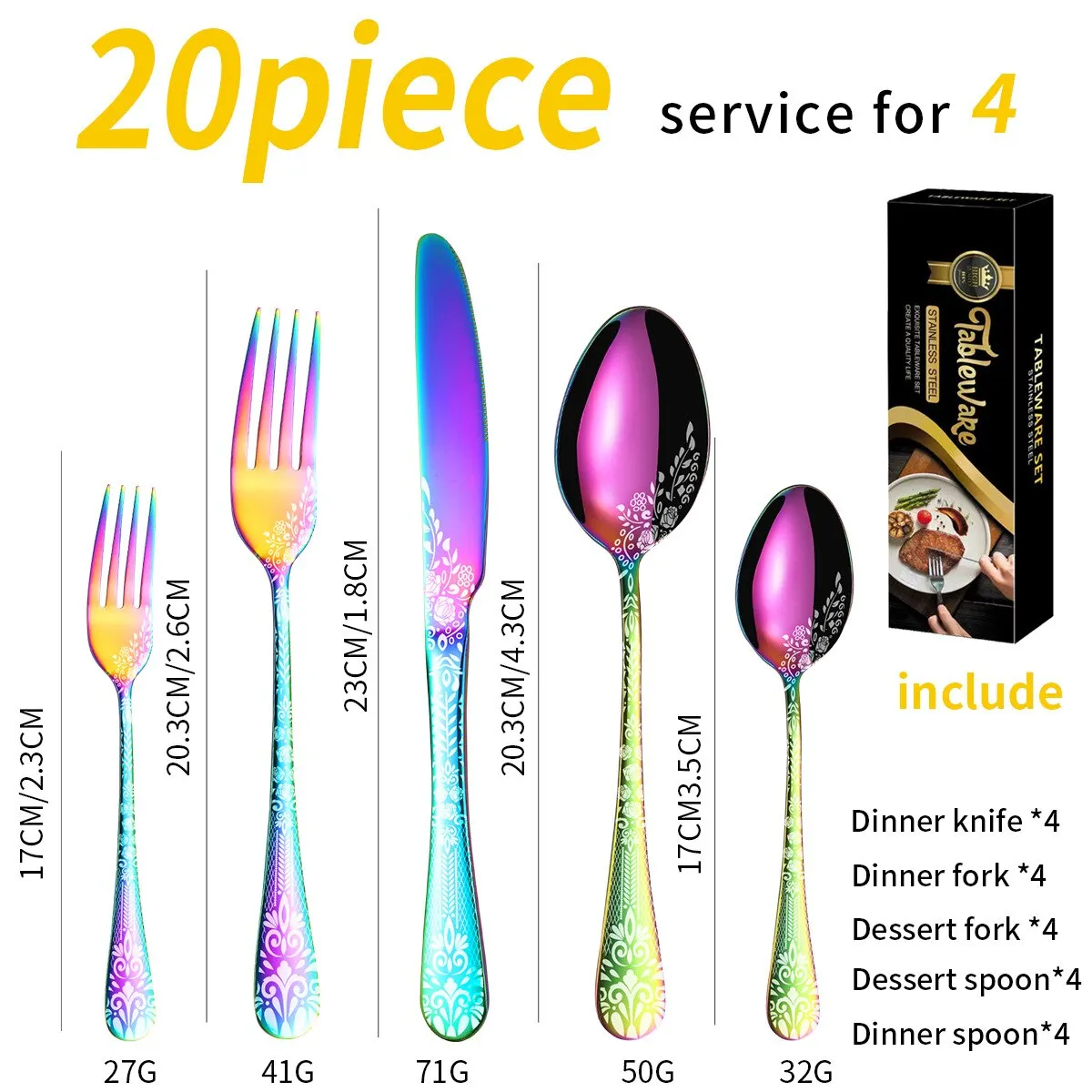 20PCS-Patterned-Stainless-Steel-Tableware-Knife-Fork-Spoon-Set-Hotel ...