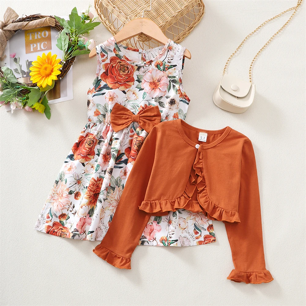 2PCS Kids Girl Clothes Set Long Sleeved Cardigan+Sleeveless A- Line ...