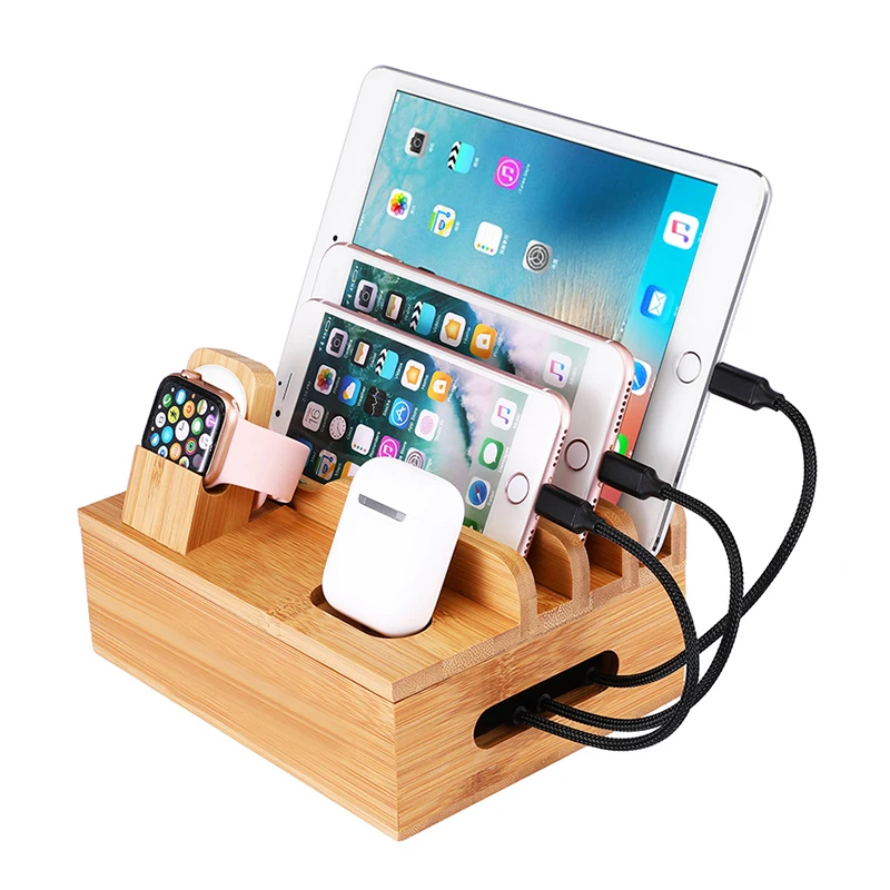 Bamboo Charging Organizer Cord for Phones Desk Wood Docking Stations ...