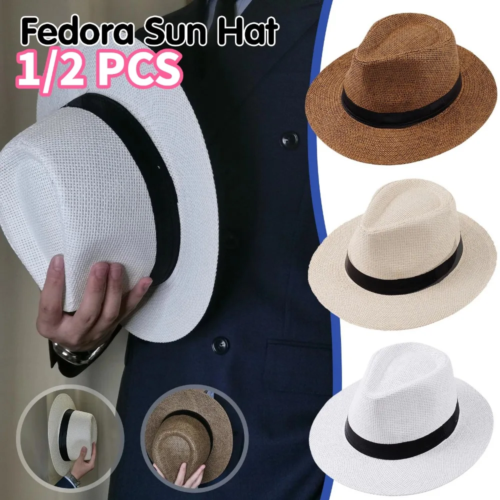 Fashion Men Natural Panama Straw Hat Summer Trendy Beach Sun Hats Solid ...