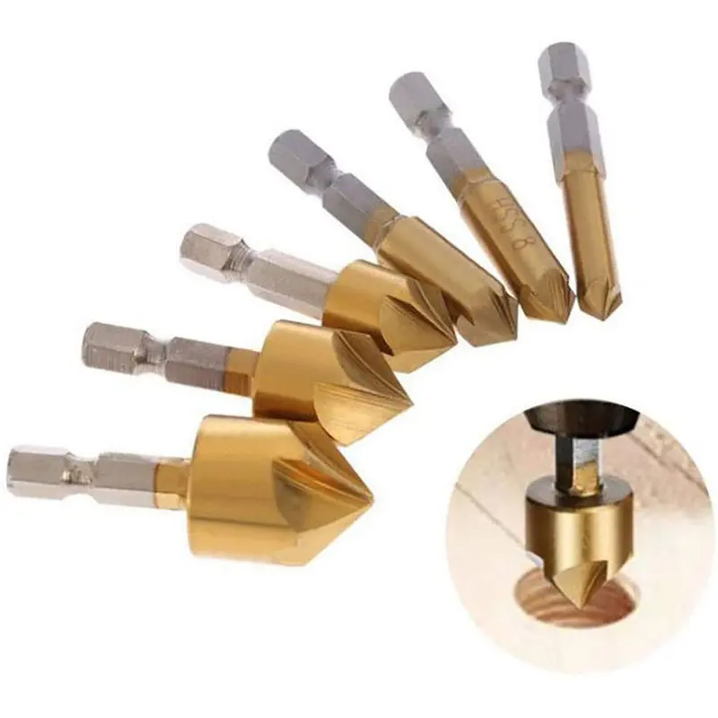 6Pcs Countersink Drill Bit Set 1/4'' Hex Shank HSS Counter bore Reamer ...