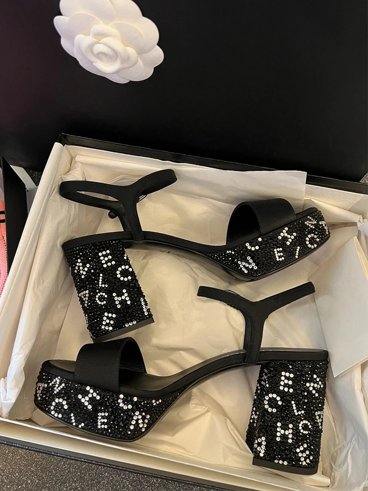 New-Rhinestone-Letters-Black-Open-Toe-Sandals-Platform-Thick-Heel ...