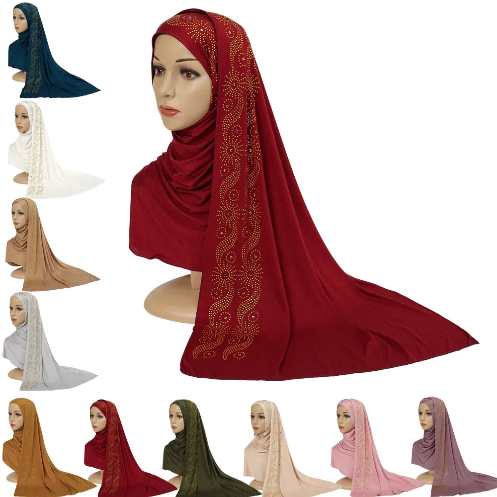 Jersey Fashion Muslim Women Hijab With Rhinestone Long Scarf Turkish ...