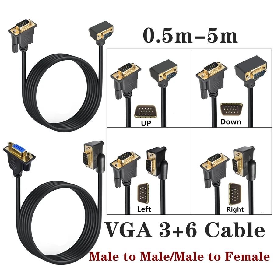 90 degree angled VGA 3+6 Cable RGB HD 15Pin Male to male Female ...