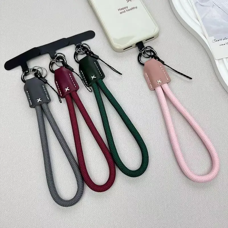 New Nylon Wrist Phone Hanger Rope Short Bold Weaving PU Leather Head ...
