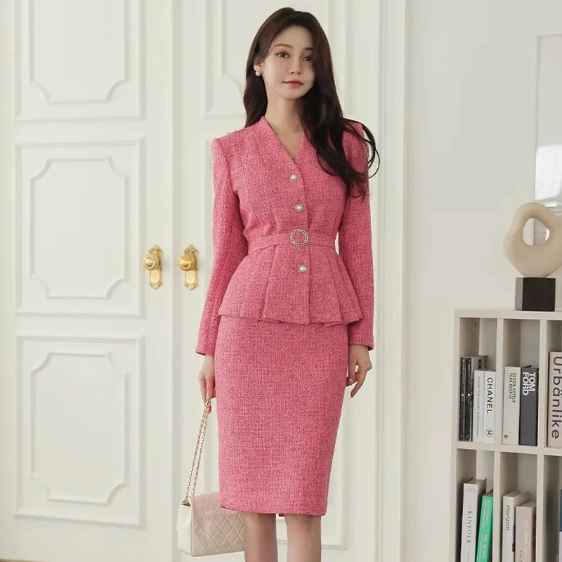 New Pink Tweed Office Ladies 2 Piece Set Fashion Women V Neck Single ...