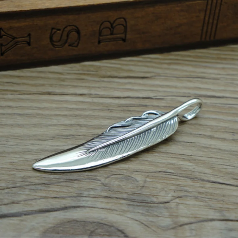Real S925 Sterling Silver Retro Feather Chain Pendant For Men Women ...