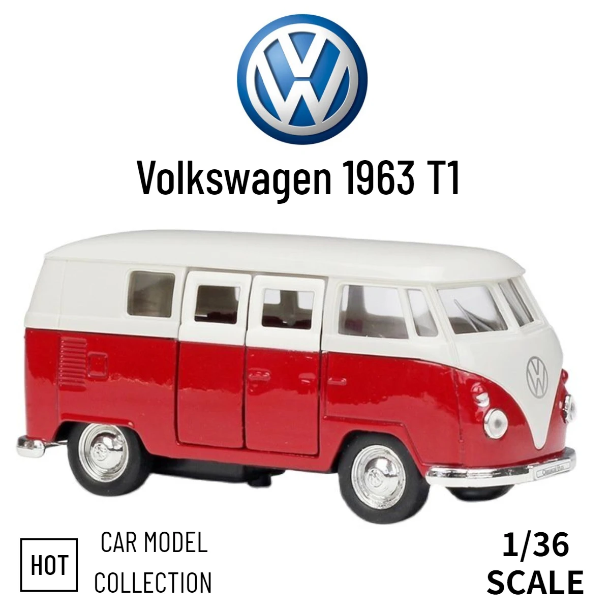 1:36 Scale Bus Car Model Replica Volkswagen 1963 T1 Metal Diecast ...