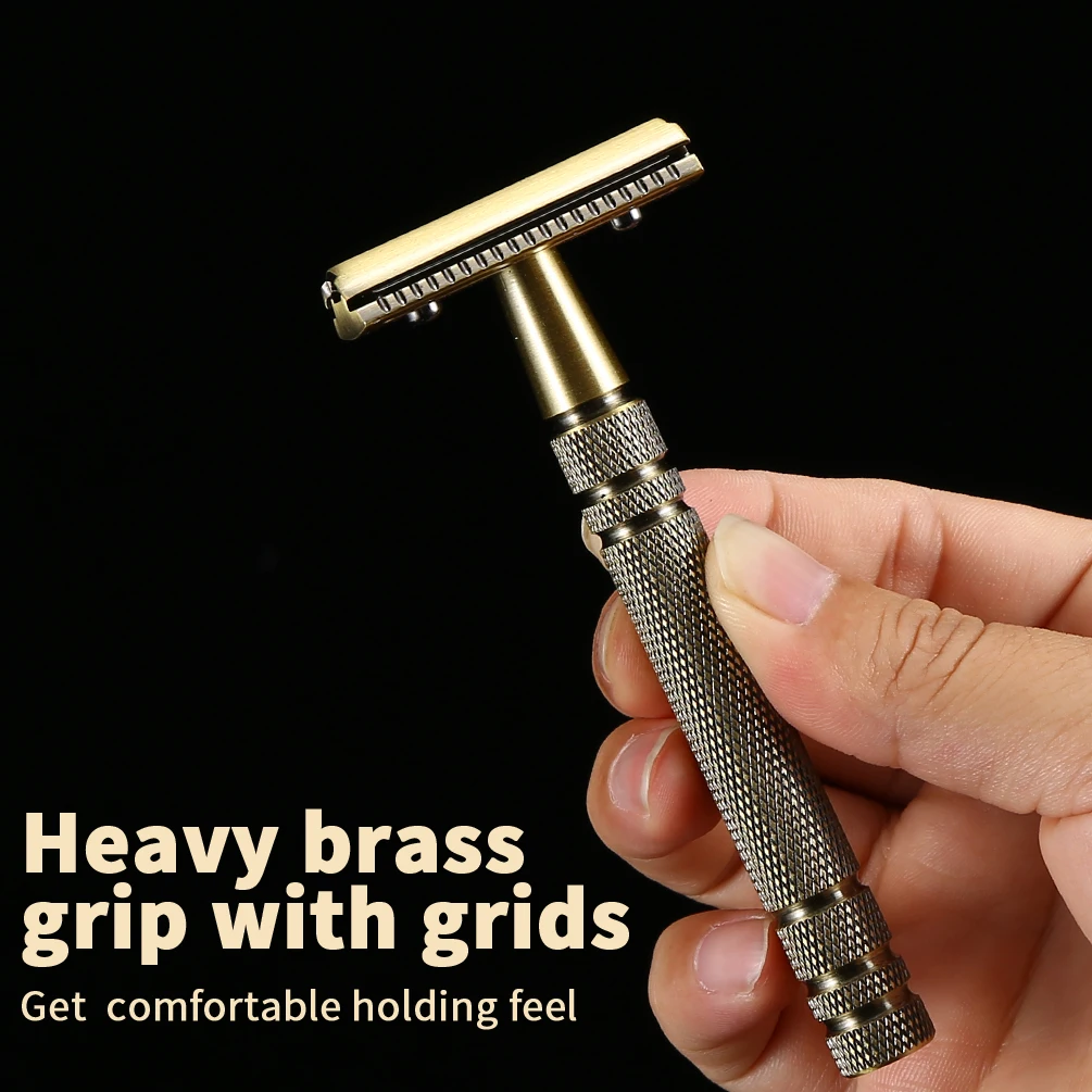 Double-Edge-Safety-Razor-Long-Handle-Brass-Bronze-Blade-Replaceable ...