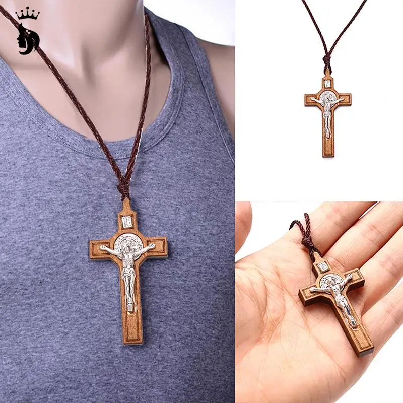 Colar-Cruz-Jesus-para-Homens-e-Mulheres-Pingente-De-Metal-De-Madeira ...