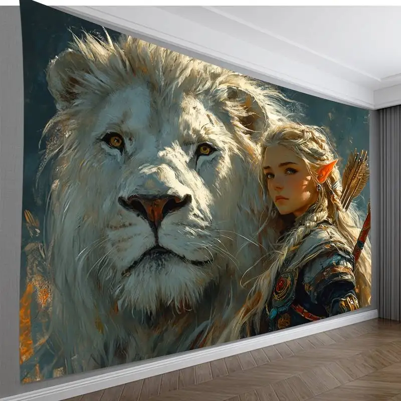 Mythical White Lion & Elf Tapestry - Fantasy Art Wall Hanging for Room ...