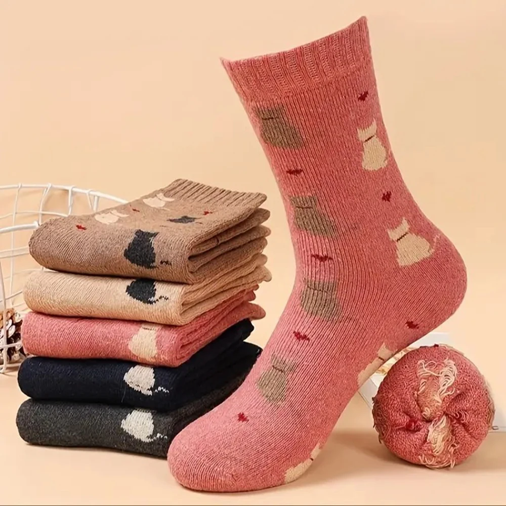 5 Pairs Women Cartoon Cat Printed Socks Are Fashionable Soft ...